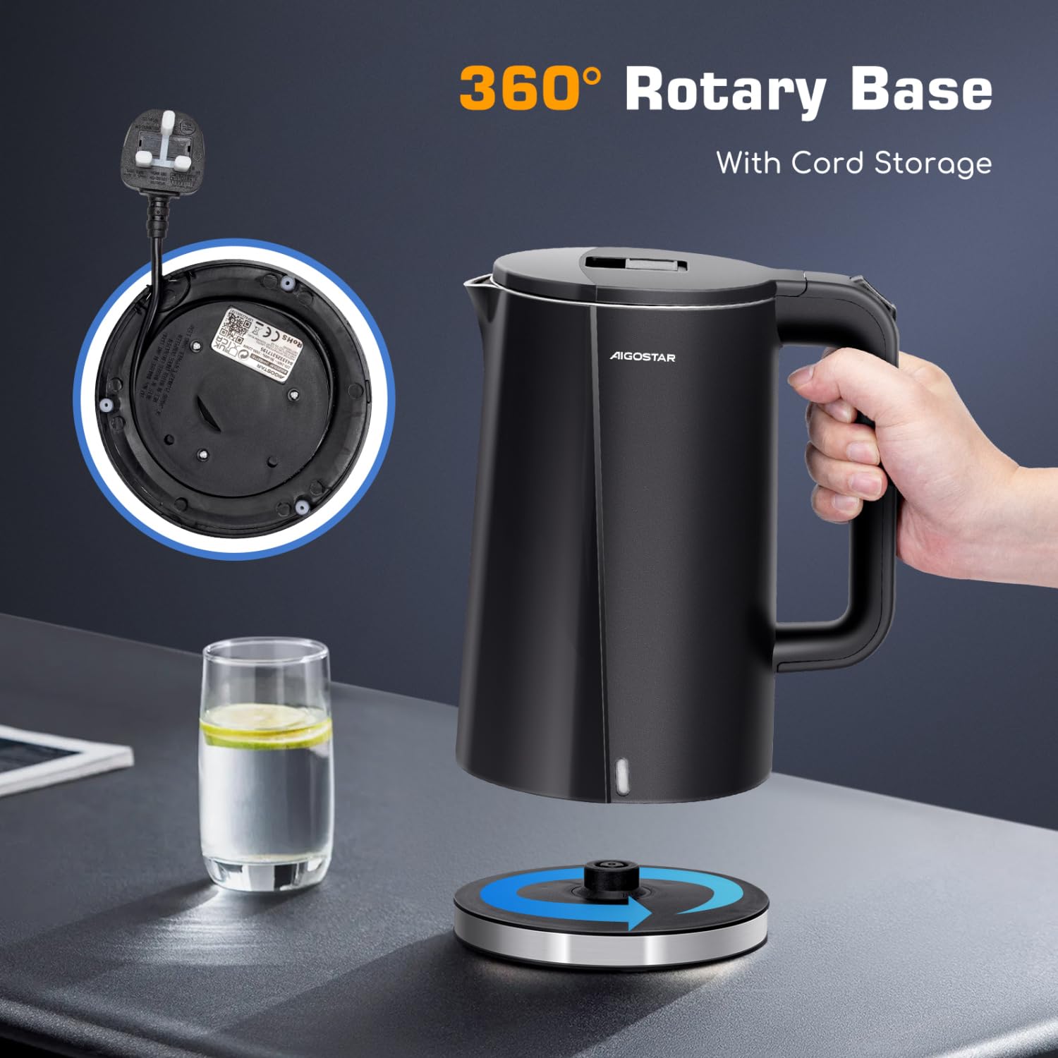 Aigostar Electric Kettle, 1.7L Double Wall 304 Stainless Steel Interior Hot Water Boiler Heater, Cool Touch Electric Tea Kettle, 1500W Fast Boiling, Auto Shut-Off, Boil Dry Protection, BPA-Free, Black