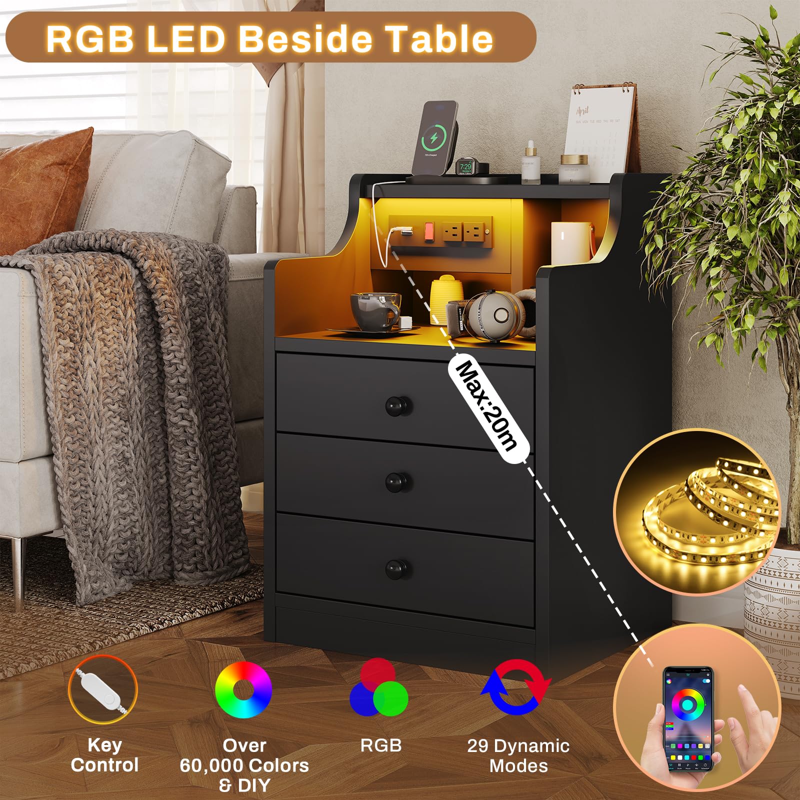 ADORNEVE Black Nightstand Set of 2,LED Nightstand with Charging Station,Bedside Table with Drawers,Modern Side Tables Bedroom