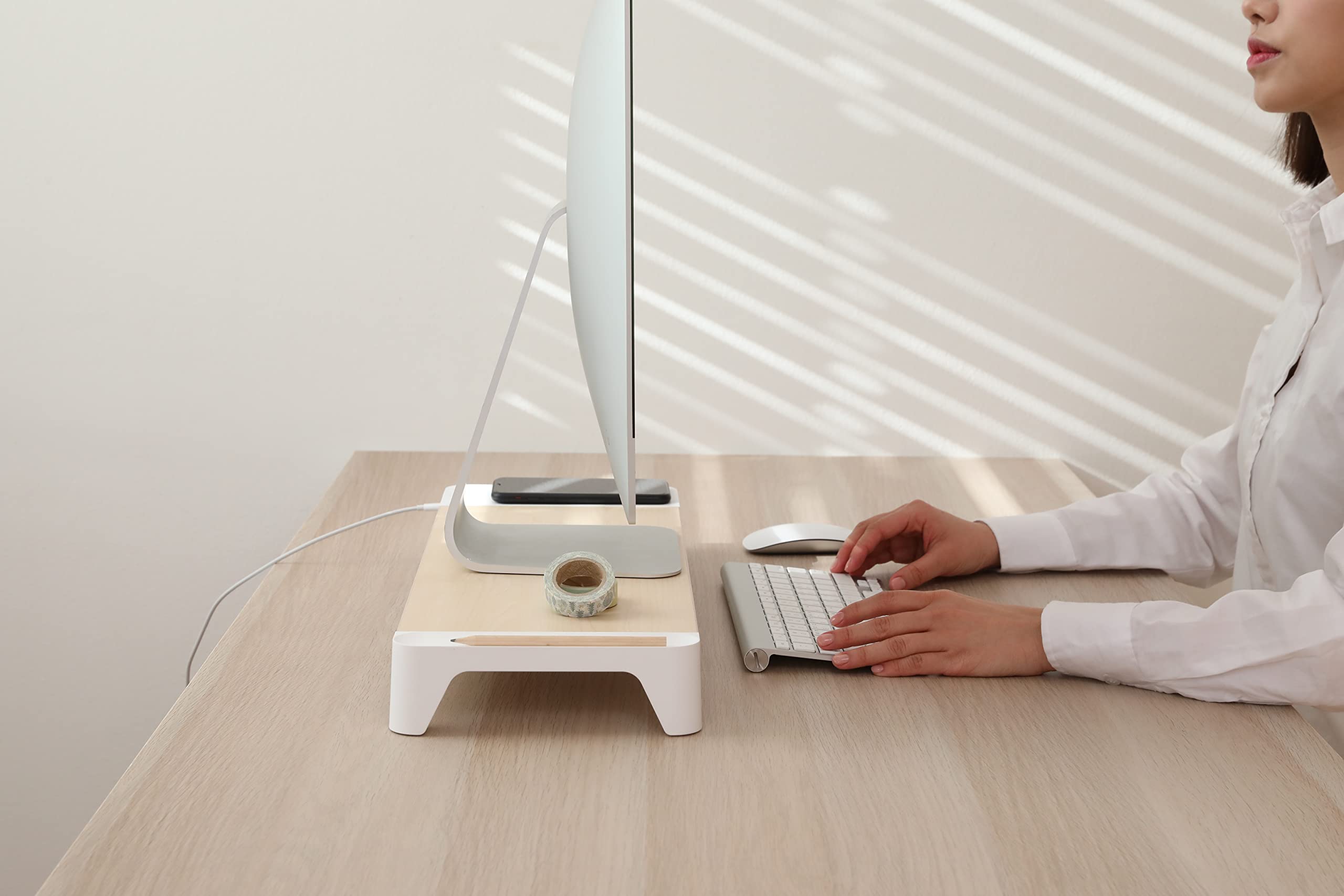 POUT E6 White Wood Desk Monitor Computer Stand Riser Shelf + Qi Fast Wireless Charging Charger Pad Mat for Laptop, Apple, iMac, PC, iPhone, Samsung Galaxy, Airpod 2, Buds