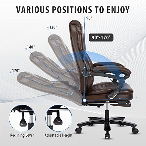 Comermax Big and Tall Home Office Desk Chairs for 400lb Heavy People, Ergonomic Reclining Office Chair with Footrest and Wide Seat, Plus Size Managerial Executive Chairs (Coffee Brown)