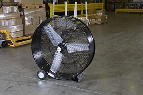 Comfort Zone CZMC36 36” 2-Speed High-Velocity Direct Drive Industrial Drum Fan, All-Metal Construction, Individually Balanced Aluminum Blades, and 2 Large Rubber Wheels, Black