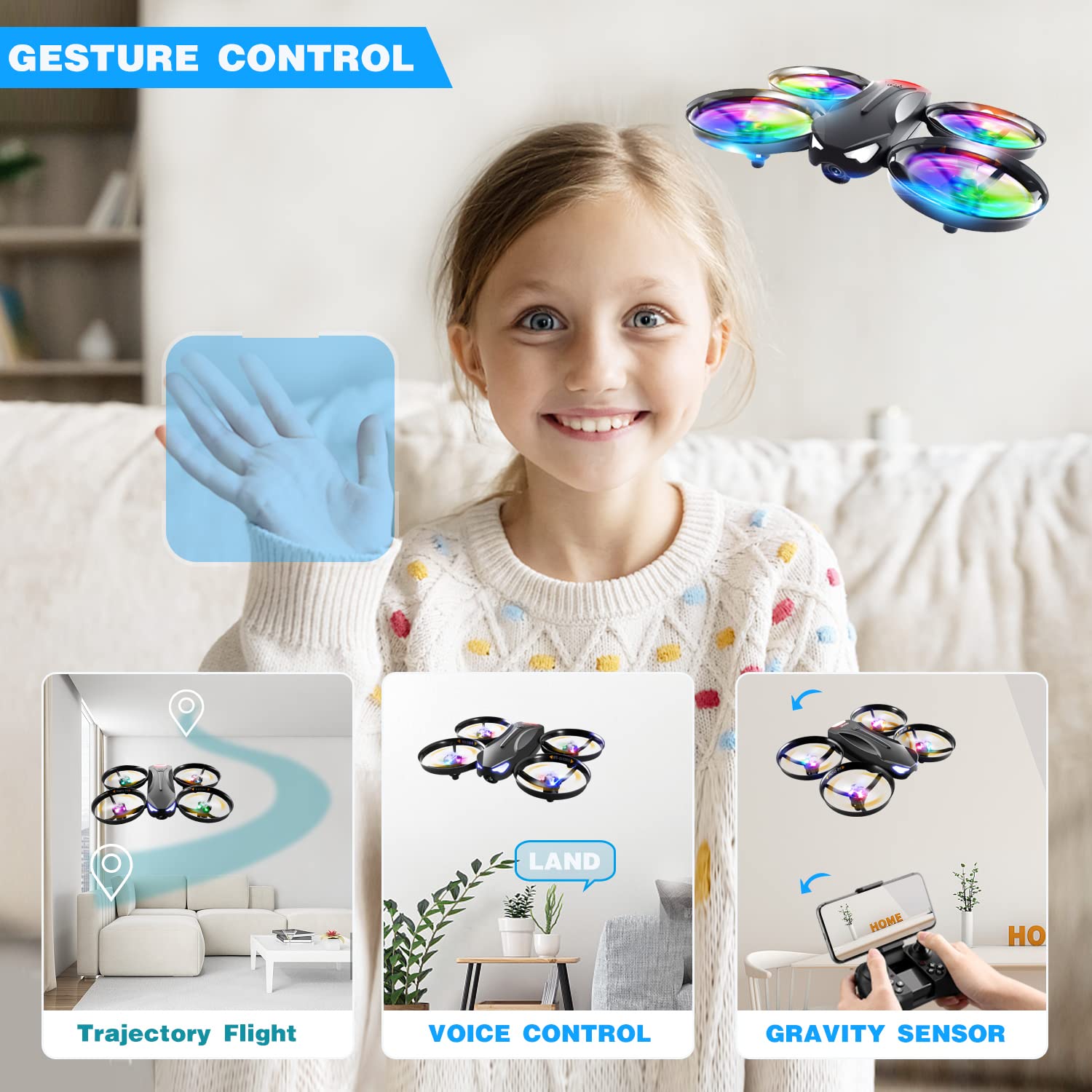 4DRC V16 Drone with Camera for Kids,1080P FPV Camera Mini Quadcopter Beginners Toy with 7 Colors LED Lights,3D Flips,Gesture Selfie,Headless Mode,Altitude Hold,Boys Girls Birthday Gifts,