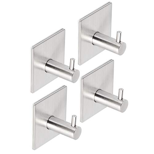 HANZE Adhesive Hooks Wall Hangers Heavy Duty Sticky Hooks Waterproof Stainless Steel Hanger Towel Holder Stcik on Hooks for Hanging Bathroom Kitchen Home Organizer - 4 Pack