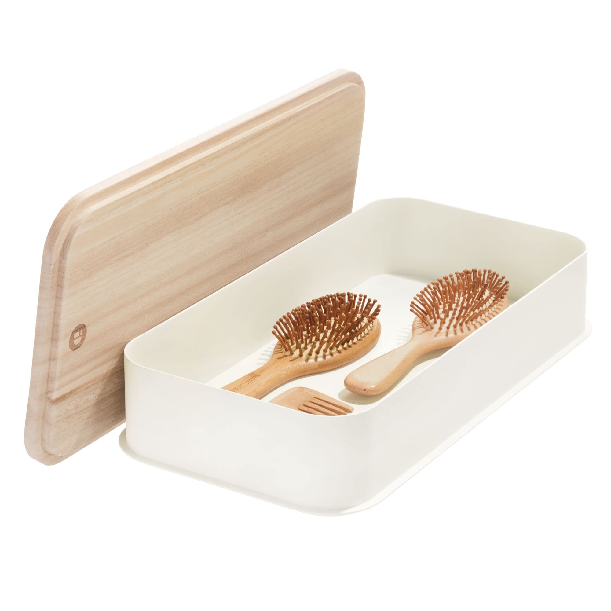 iDesign Recycled Plastic Medium Storage Bin with Paulownia Wood Lid, 8.4" x 16.9" x 3", Coconut