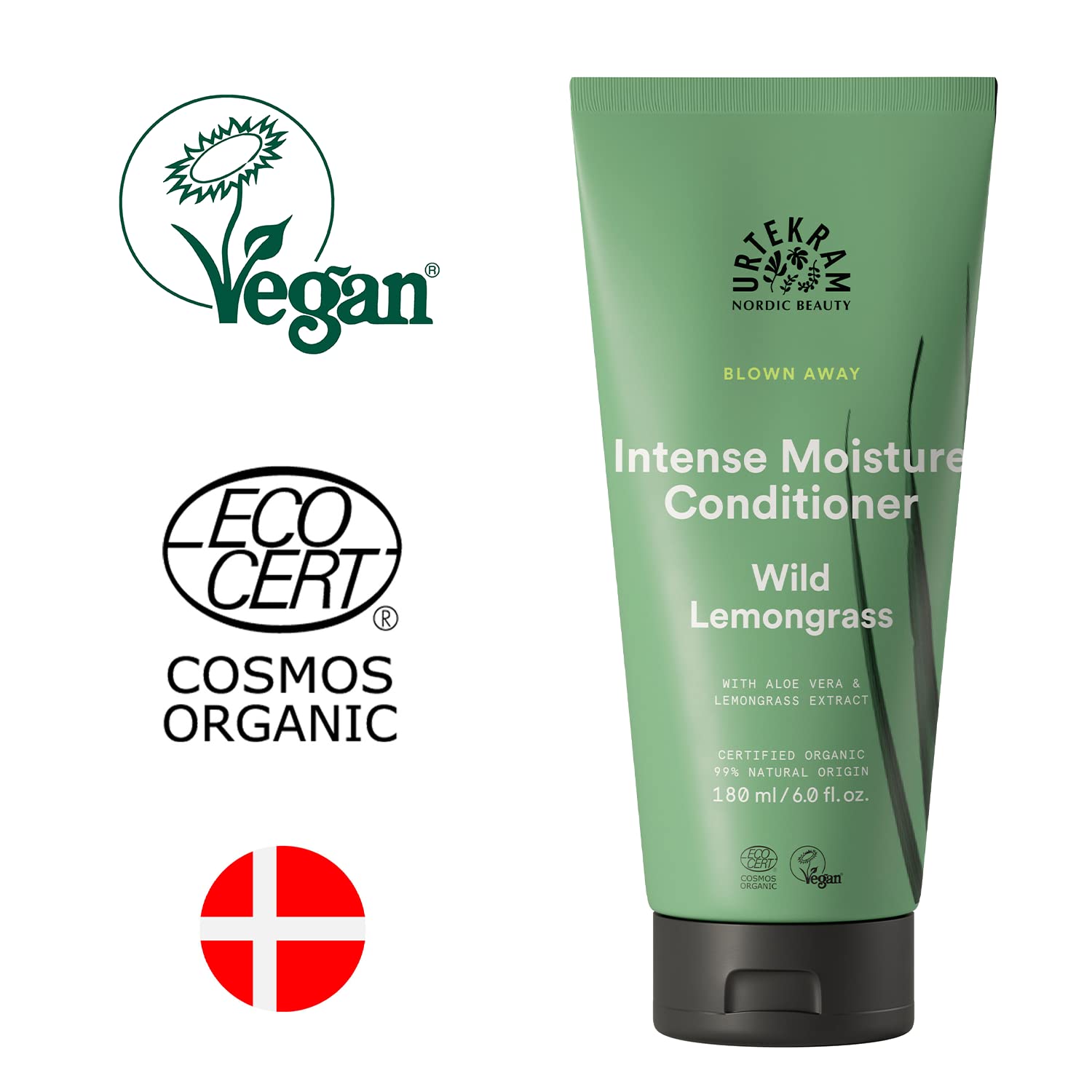Urtekram Conditioner - Wild Lemongrass - Normal Hair - 180 ml, Vegan, Organic, Intense Moisture, Natural Origin