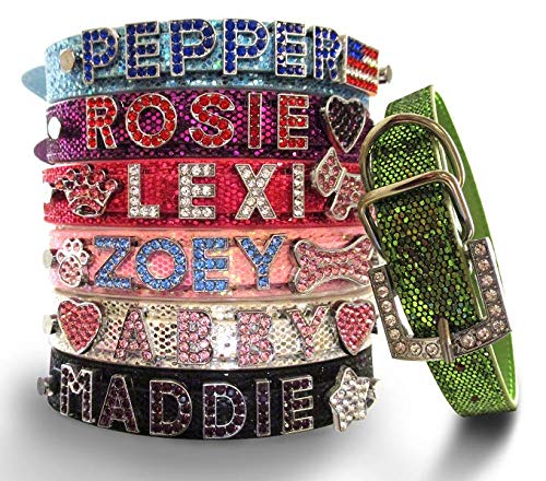 Bling Stuff For Fun, Personalized Customized PU Leather Glitter Rhinestone Bling Name Collar for Dogs & Puppies, S, M, L