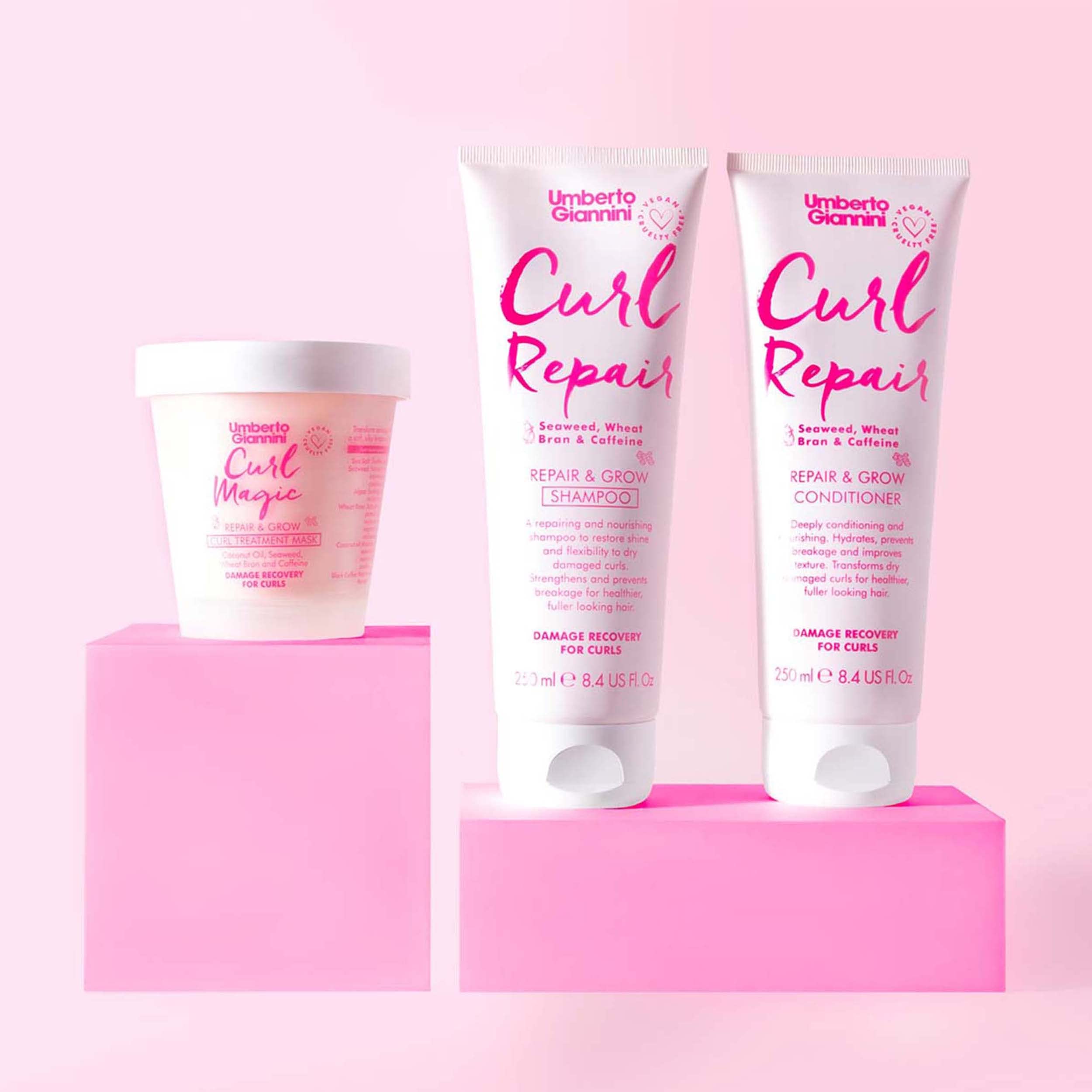 Umberto Giannini Curl Repair Shampoo, Vegan & Cruelty Free Repair & Growth Formula with Seaweed, Wheat Bran & Caffeine, 250 ml