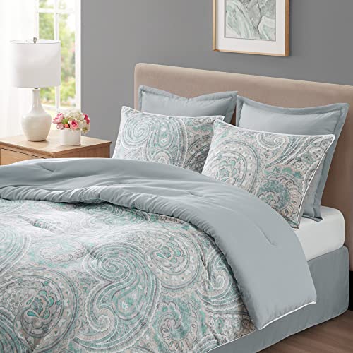 Comfort Spaces Cozy Comforter Set-Modern Classic Design, All Season Down Alternative Bedding, Matching Shams, Bedskirt, Decorative Pillows, Cal King, Kashmir Paisley Blue 8 Piece