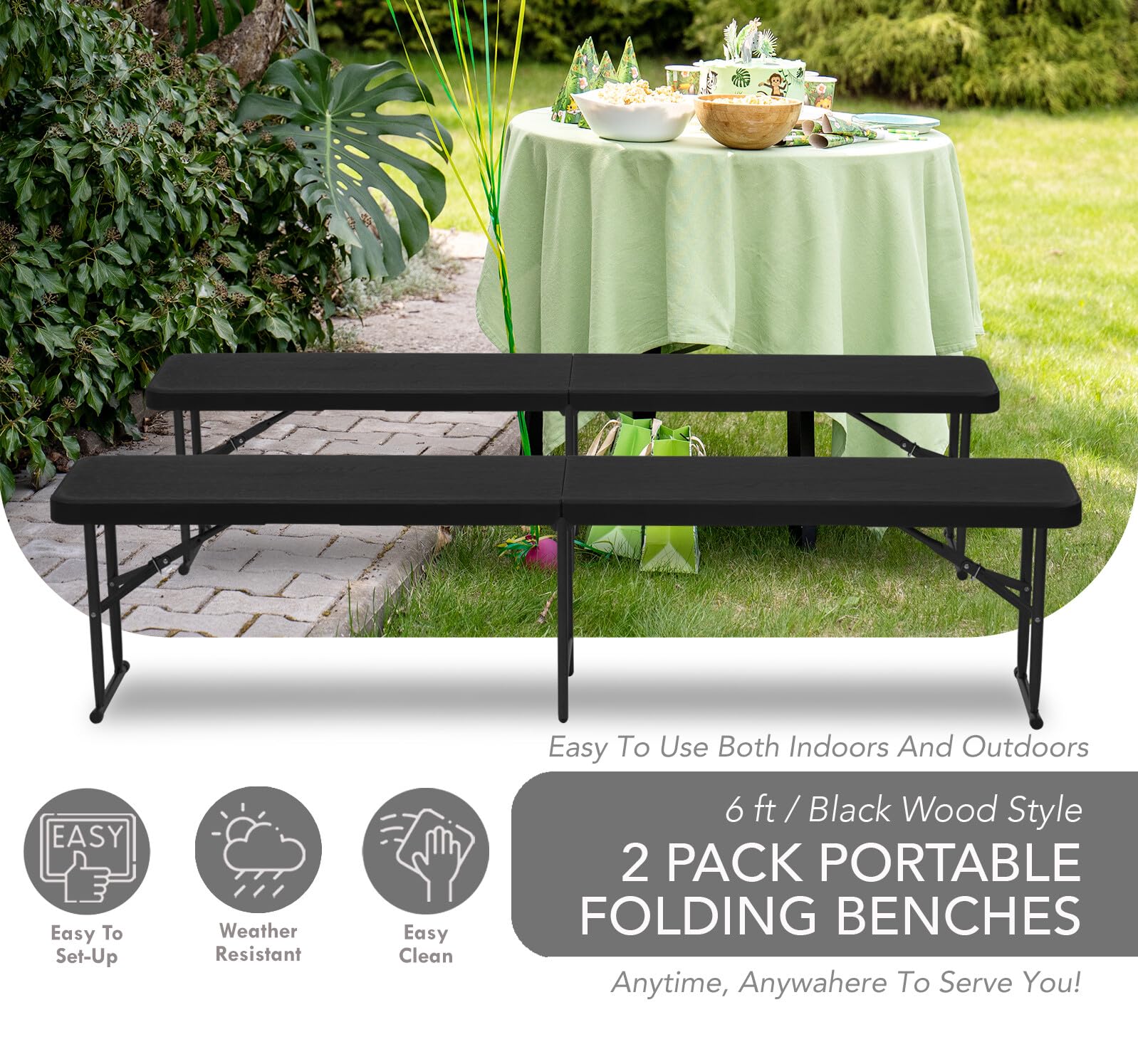 AJP Distributors 2 Pack 6 Foot Portable Plastic Folding Bench 6FT 72" Half Foldable Heavy Duty Seat w/Carry Handle - Indoor Outdoor Backyard Camping Picnic BBQ Party Wedding Dining Event Meeting Black