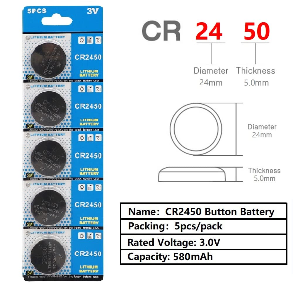 Cotchear 5pcs/Pack CR2450 Coin Battery 550mAh 3V CR 2450 Button Cell Batteries ECR2450 KCR2450 5029LC LM2450 3V Battery for Car Key Remote