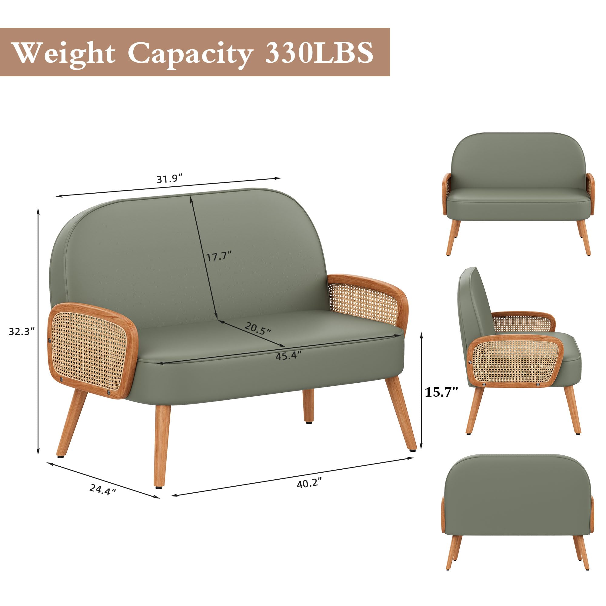 Aklaus 45" W Faux Leather Small loveseat with Natural Rattan Arms,Upholstered Modern Mini Sofa Couch Love Seat Settee Bench with Back for Living Room Bedroom Office Small Space Entryway Green