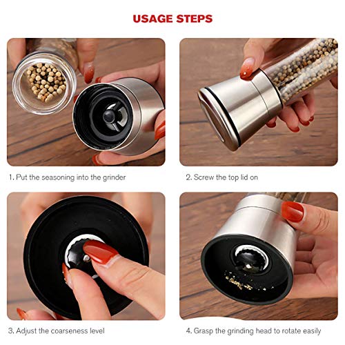 bonris Professional Stainless Steel Salt and Pepper Grinder with Adjustable Coarseness with Five Grinding Level Pepper Mill Grinders Shakers .(Single Package)