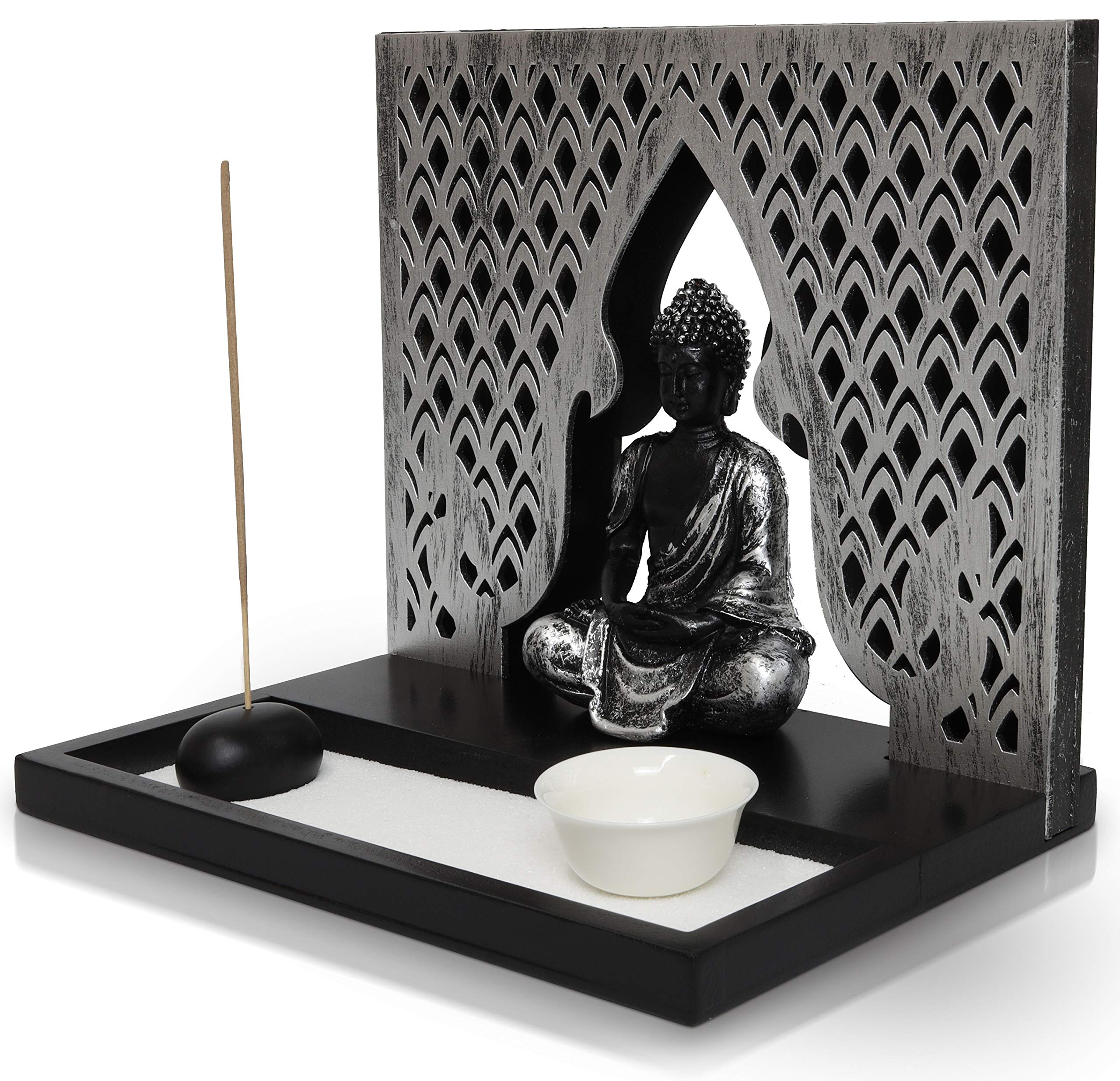 Basic Fundamentals Zen Garden Candle Holder Home Decor - Buddha Incense Stick Holder Office Desk Accessories - Zen Garden Sand Office Decor - Buddha Table Top - 8.75" x6.5”x 8.75”