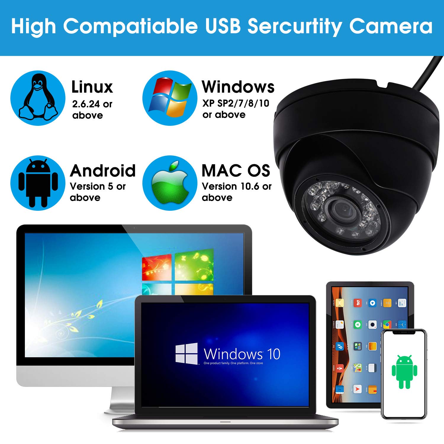 SVPRO Outdoor USB Camera 1080P Full HD Waterproof Night Vision Camera with Infrared LEDs,USB Security Camera for Home Surveillance System 30/60/120fps OV2710 Dome Camera with IR-Cut&Metal Housing