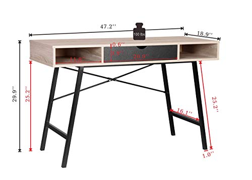 JJS 48" Home Office Writing Desk with Drawers, Modern Computer Study Wooden Desk Table Laptop PC Workstation with Storage, Mid Century Black