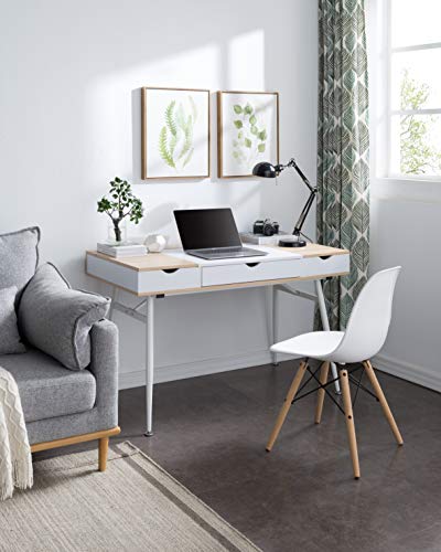 JJS Home Computer Desk, Writing Desk with Drawers, Contemporary Design Split Top Storage Modern Desk, Sturdy and Easy Assembly Spacious Desktop Mid Century Desk,White Desks for Bedroom Dresser Table