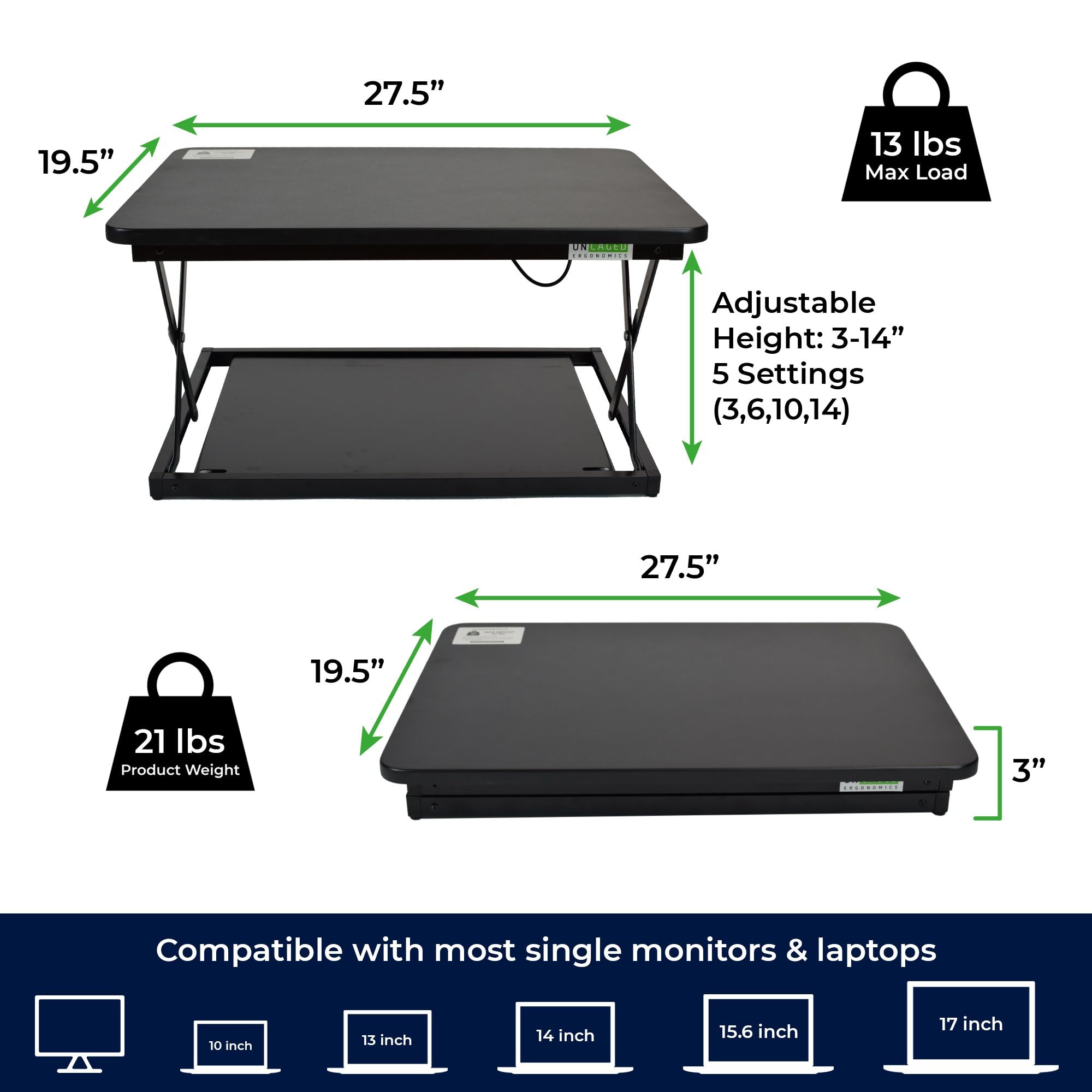 CHANGEdesk MINI Small Standing Desk Converter Height Adjustable Desktop Standing Desk Sit-to-Stand Up Desk Riser Laptop Standing Desk Converter, Black