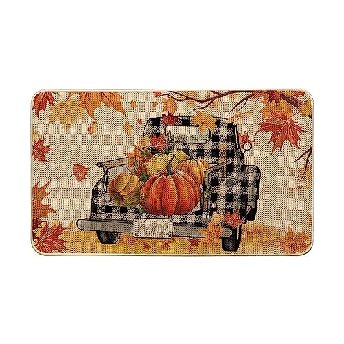 Artoid Mode Buffalo Plaid Truck Pumpkin Fall Doormat, Maple Leaves Home Decor Low-Profile Switch Rug Door Mat Floor Mat for Indoor Outdoor 17x29 Inch