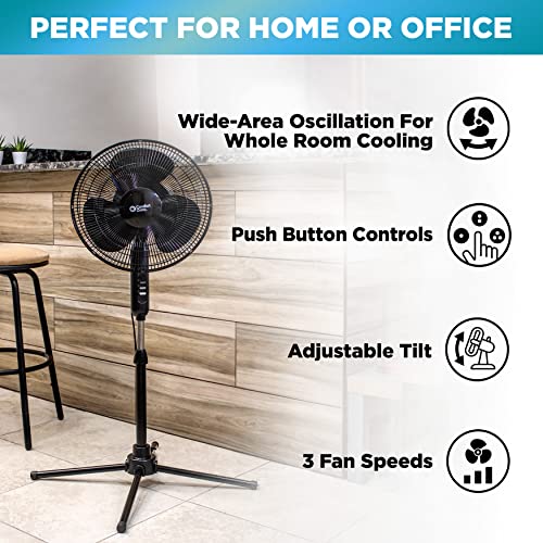 Comfort Zone CZST161BTEBK 16โ Oscillating Pedestal Fan, 3-speed Options, 90-Degree Oscillating Head, Adjustable Height and Tilt, Powerful Air Flow, Black