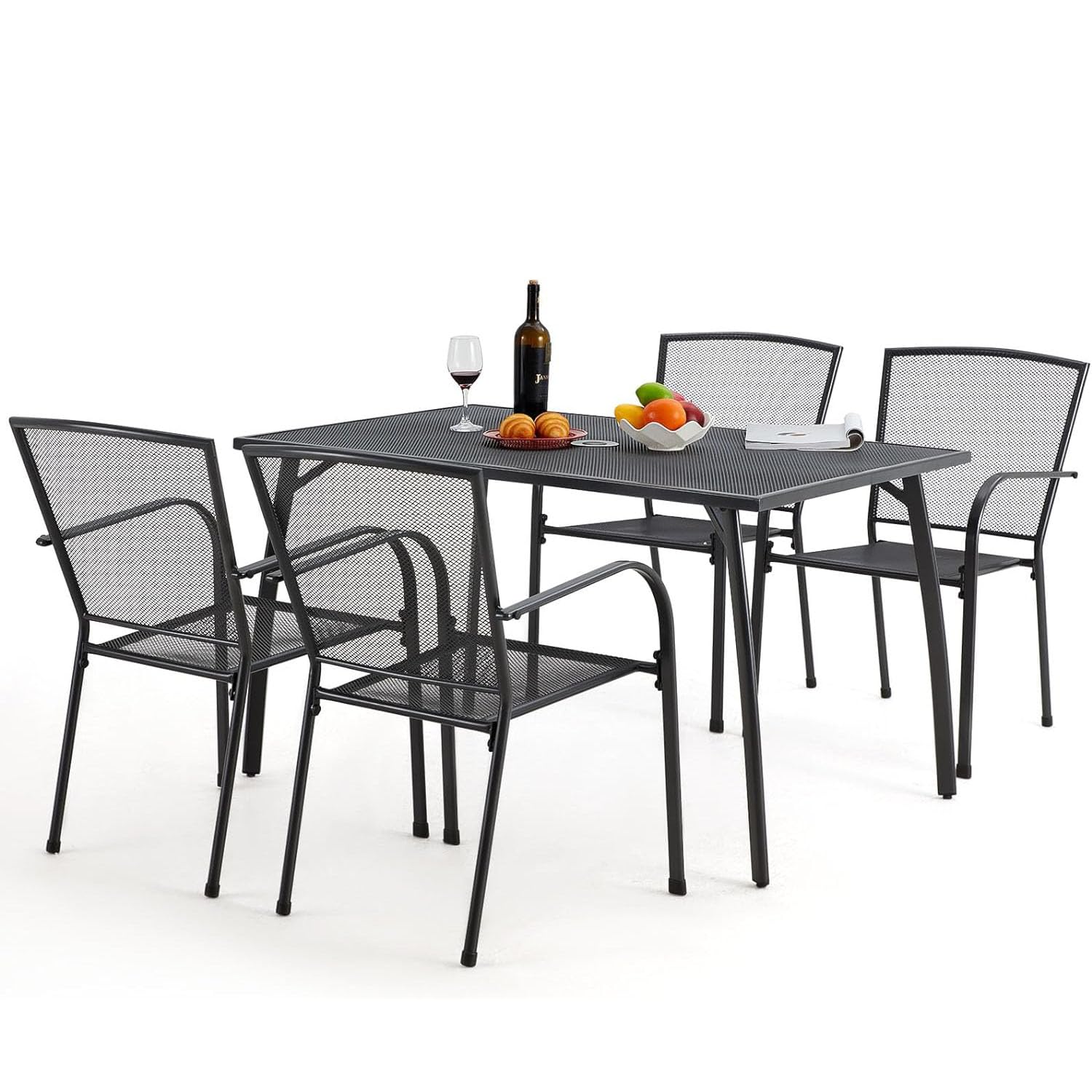 AECOJOY Metal Outdoor Table and Chairs Patio Dining Table Set for 4 Outside 51" Dining Table with Umbrella Hole Rectangle Table and 4 Stackable Chairs, Patio Furniture Set for Garden Backyard Balcony