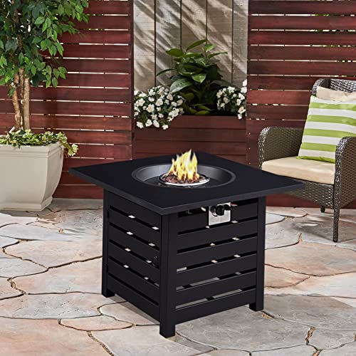 32 Inch Propane Fire Pits Table with Blue Glass Ball,40,000 BTU Outdoor Wicker Fire Table with ETL-Certified,2-in-1 Square Steel Gas Firepits (32Inch)