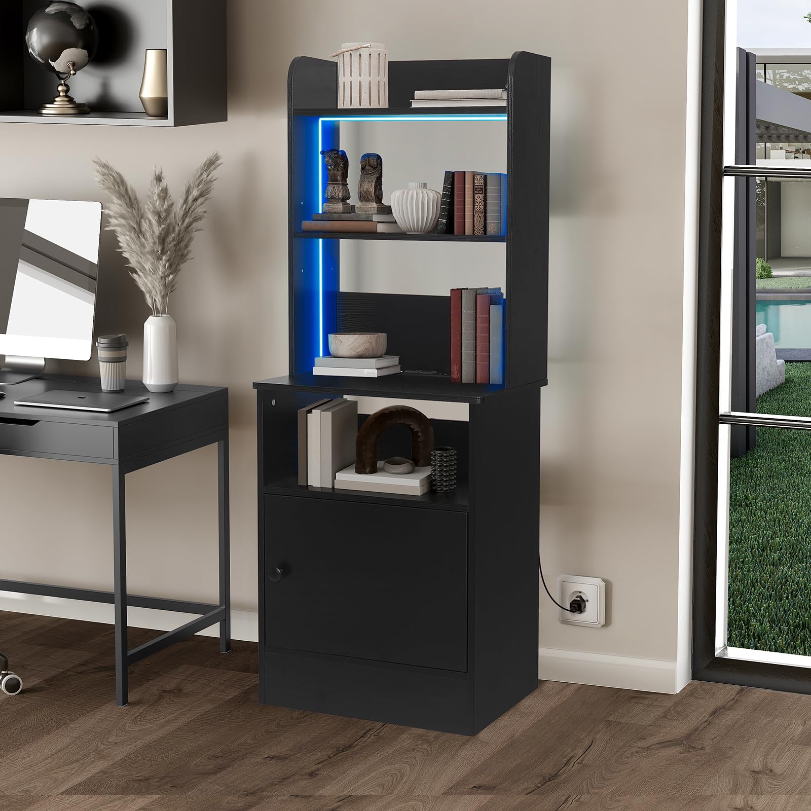 ARTETHYS Tall Nightstand Set of 2 with Charging Station and LED Light 47" Black Night Stand with Storage and Adjustable Bookshelf for Bedroom, Home Office
