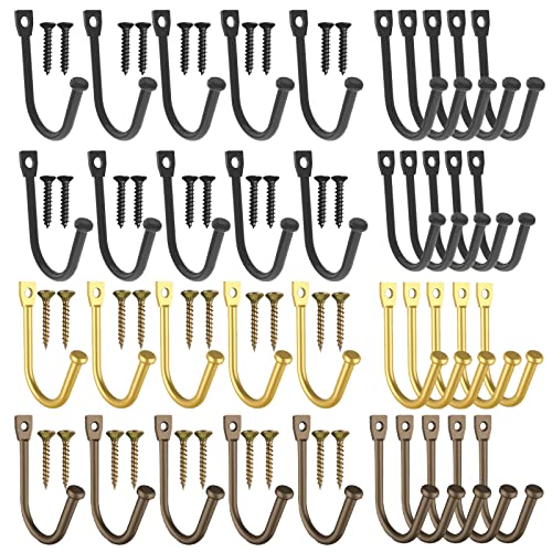 Aufuga Decorative Wall Hook Robe Small Hanger Iron Hooks Single Rustic Hooks Hanging Hat Key Holder Wooden for Coat, Bag (20 pcs Black+10 Golden+10 Bronze)