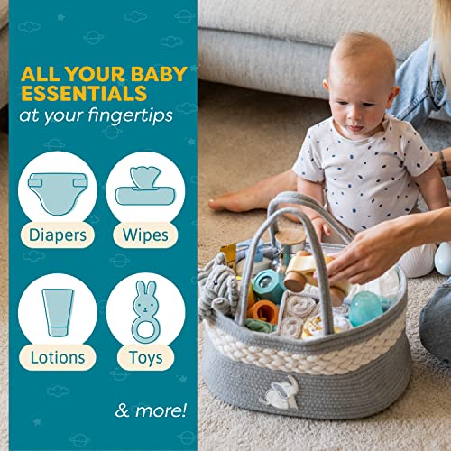 Cradle Star Diaper Caddy Organizer – Portable Baby Basket Diaper Storage Organizer with Compartments – Baby Diaper Caddy for Changing Table Nursery, Elephant Baby Shower Gifts - 100% Cotton Rope, Gray