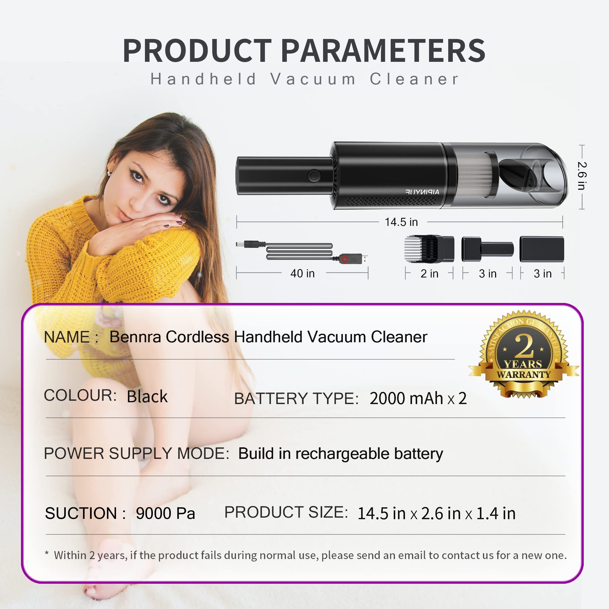 Bennra Mini Cordless Handheld Vacuum Cleaner【2022 New】, for Car, Home, Pet Hair, Portable USB Rechargeable, Easy to Clean Keyboard, Drawer, Crevices