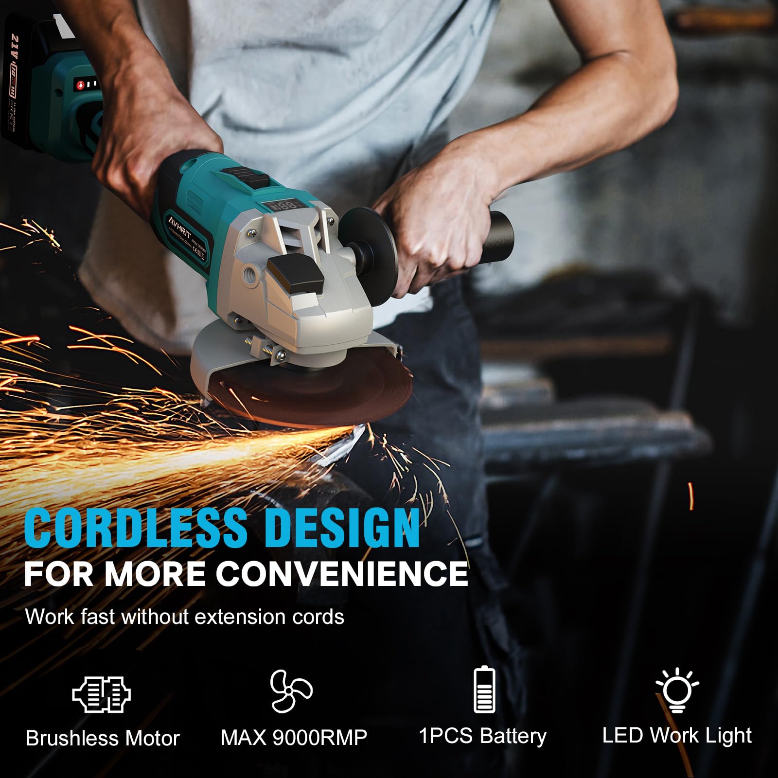 Avhrit Cordless Angle Grinder, 21V Power Angle Grinder Tools with 4.0Ah Battery & Fast Charger, 9000 RPM Brushless Motor Metal Grinder, 4-1/2'' Cutting Wheels, Flap Disc for Cutting, Grinding