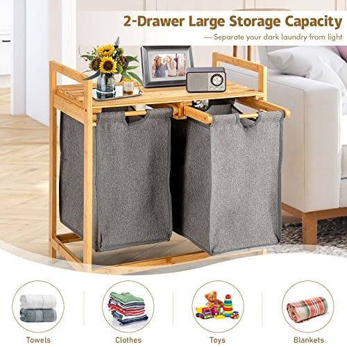 Bamboo Laundry Hamper with Dual Compartments Laundry Sorter and Sliding Bagswith Removable Sliding Bags & Shelf β Wooden Bamboo Laundry Organizer Cabinet for Bathroom (HOOYA1297)