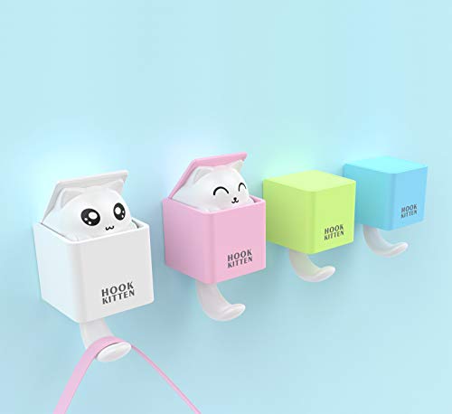 Gautsa Cute Peek-A-Boo Hooks, Self Adhesive, Pop up Cat Bear Animal Decorative for Kids Boys Girls, for Key Coat Robe Towel, 4 Pack (Cats)