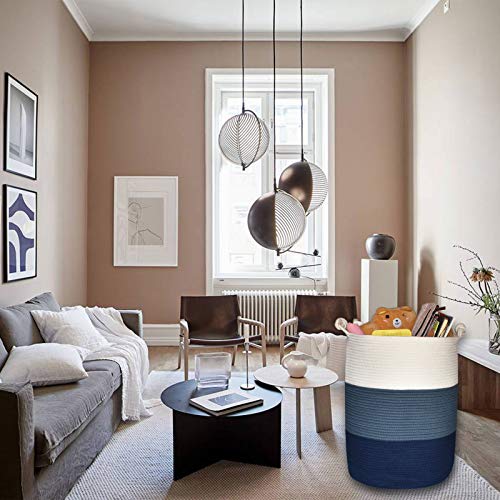 COMSE Extra Large Blanket Basket, High Storage Basket, Tall Rope Laundry Basket, 15.7βx 21.7β, Cotton Rope Basket, XXXL Laundry Basket, Toy Basket, Clothes Baskets,White/Cadet Blue/Navy Blue
