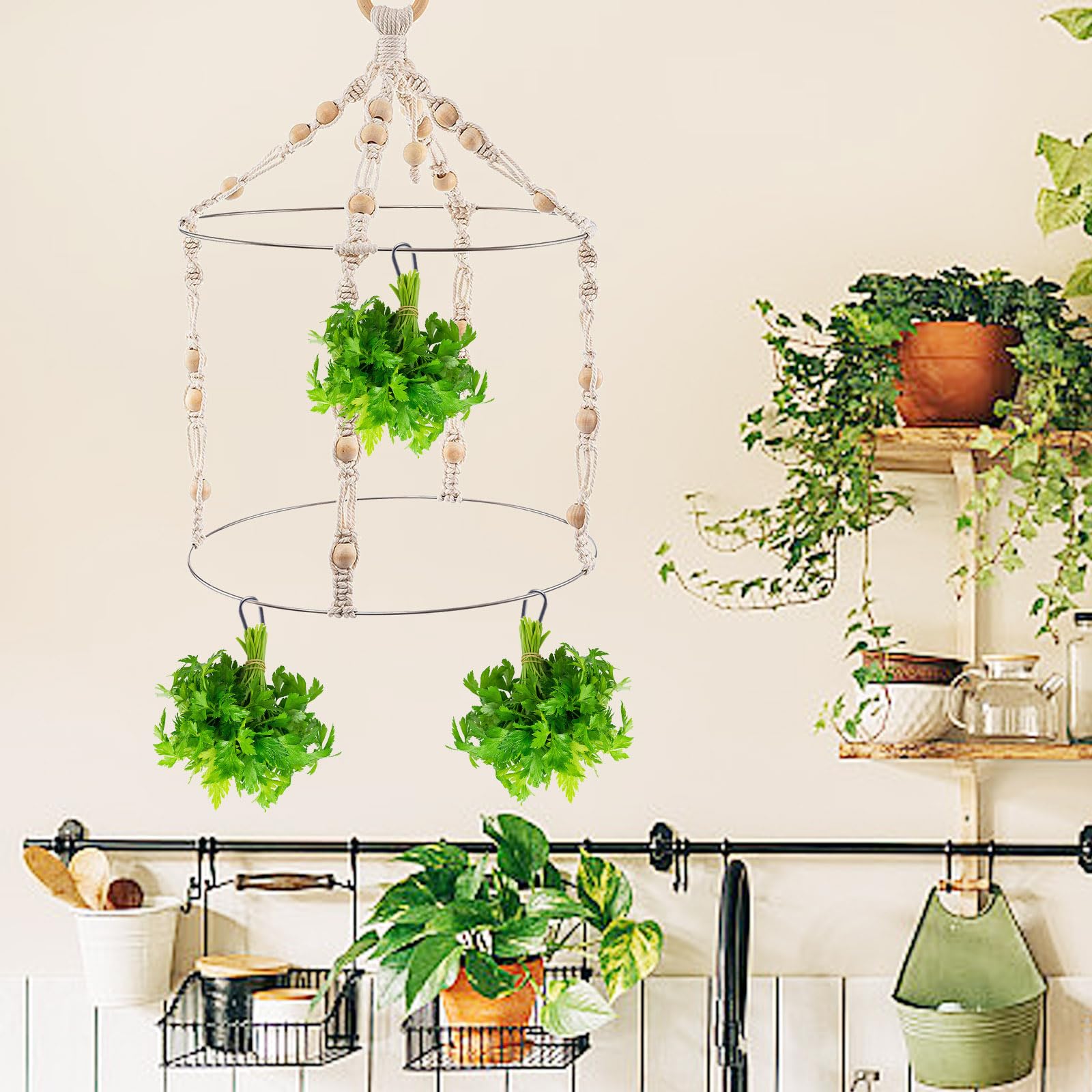 ZUDKSUY Double Hanging Drying Rack with 15 Hooks Hand-Woven Hanging Vegetable Drying Rack, Air-Dried Vegetable and Dried Fruit Rack for Air-Dried Plants, Spices and Flowers