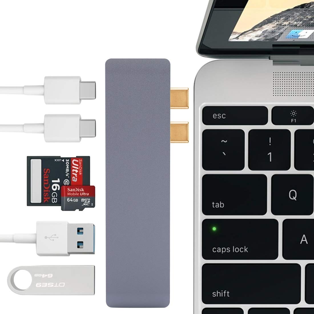 Jiali USB-C Hub Converter 6 in 1 Multi-Function Aluminium Alloy 5Gbps Transfer Rate Dual USB-C/Type-C HUB Adapter with 2 USB 3.0 Ports & 2 USB-C/Type-C Ports & SD Card Slot & TF Card Slot for Macb