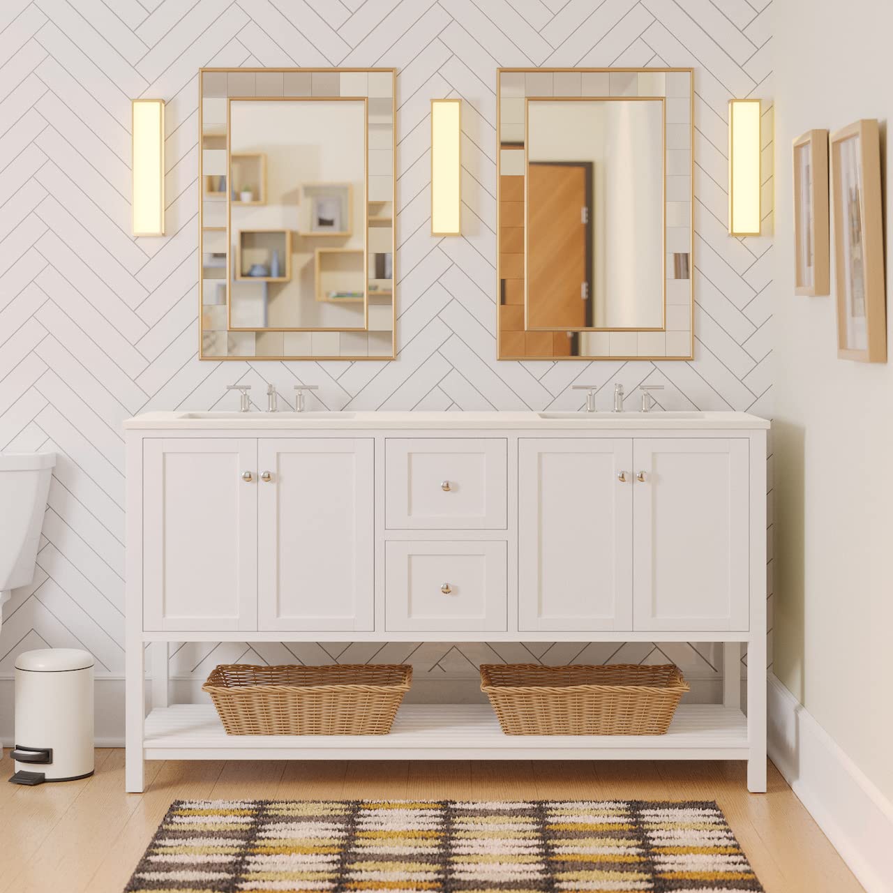Kitchen Bath Collection Lakeshore 60-inch Double Bathroom Vanity (Engineered White/White): Includes White Cabinet with Engineered White Countertop and White Ceramic Sinks