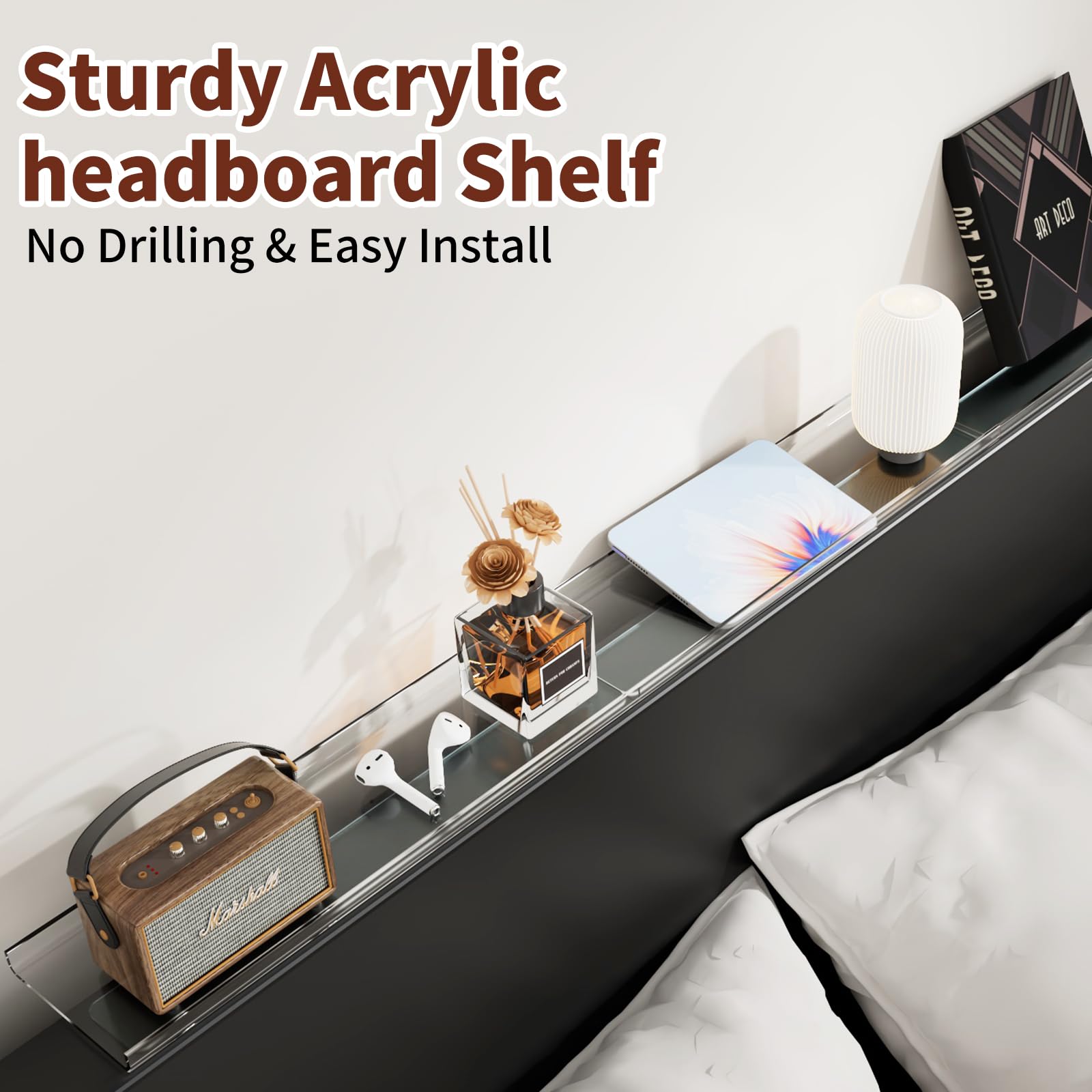 LUOLAO Clear Acrylic Floating Headboard Shelf Set of 4, Bed Caddy and Bedside Shelf Easily Expand Space, Bedside Storage Platform and Organizer for Dorm Room and Bunk Bed, Adhesive Shelf