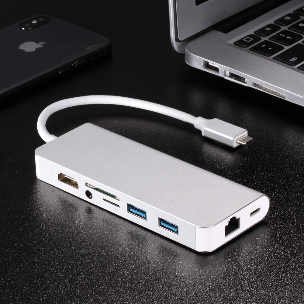 Jiali USB-C 4K Hub Converter Type-c Turn hdmi Gigabit Network Card Multi-Function Converter HDMI+RJ45+PD+Audio+USB3.02+SD+TF Eight-in-one Expansion Dock Multi-Function HUB(Silver Gray)