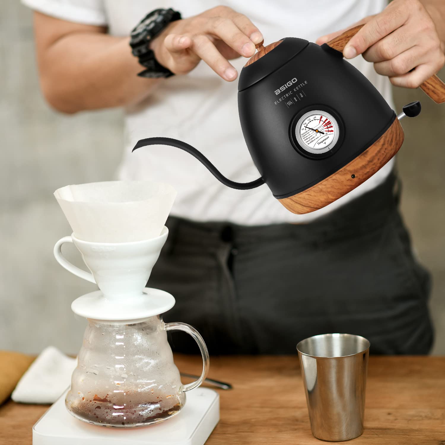 Bsigo Gooseneck Electric Kettle with Thermometer, 100% Stainless Steel for Pour-over Coffee & Tea Kettle, BPA Free, Auto Shut off Anti-dry Protection, Quick Heating Boiling Water, 1000W-0.8L, Black