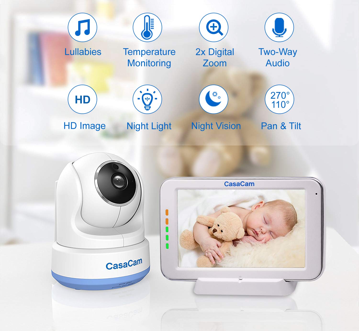 CasaCam BM200 Video Baby Monitor with 5" Touchscreen and HD Pan & Tilt Camera, Two Way Audio, Lullabies, Nightlight, Automatic Night Vision and Temperature Monitoring Capability