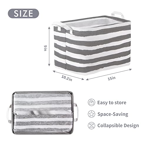 Consmos Rectangle Storage Baskets for Organizing Shelves Set of 3, Collapsible Canvas Storage Bins Nursery Hamper Toy Storage Organizer with Handles for Toys Books Clothes, Gray& White Stripe