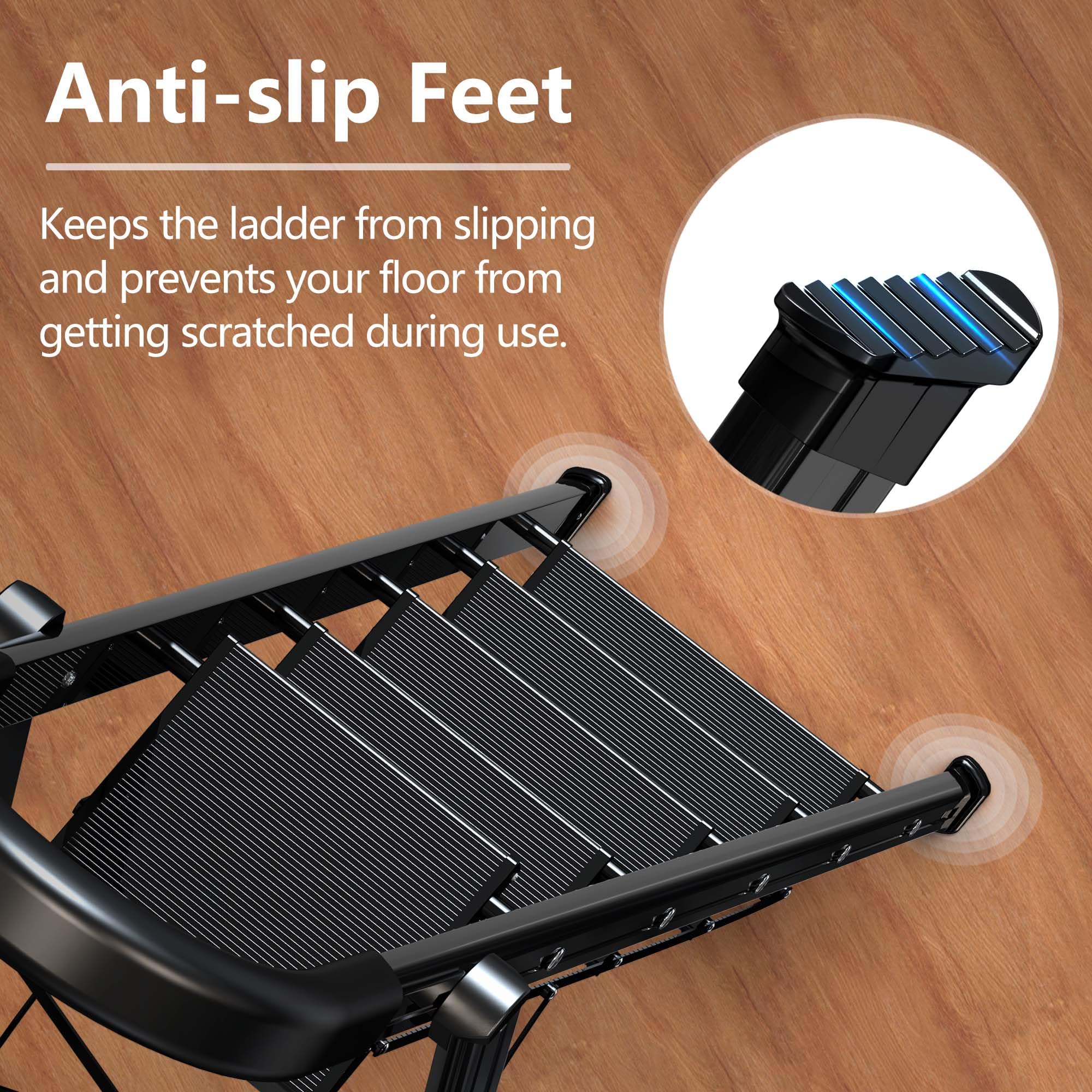 GameGem Lightweight Aluminum 5 Step Ladder Folding Step Stool with Convenient Handgrip Stepladders for 10 Foot High Ceiling with Anti-Slip and Wide Pedal for Home Use Space Saving - Brown Gold