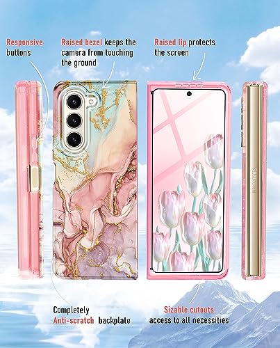 Btscase for Samsung Galaxy Z Fold 5 Case,Built in Front Screen Protector,Gold Glitter Marble Pattern Hard PC Slim Shockproof Full Body Drop Protective Case for Galaxy Z Fold 5 5G (2023), Rose Gold
