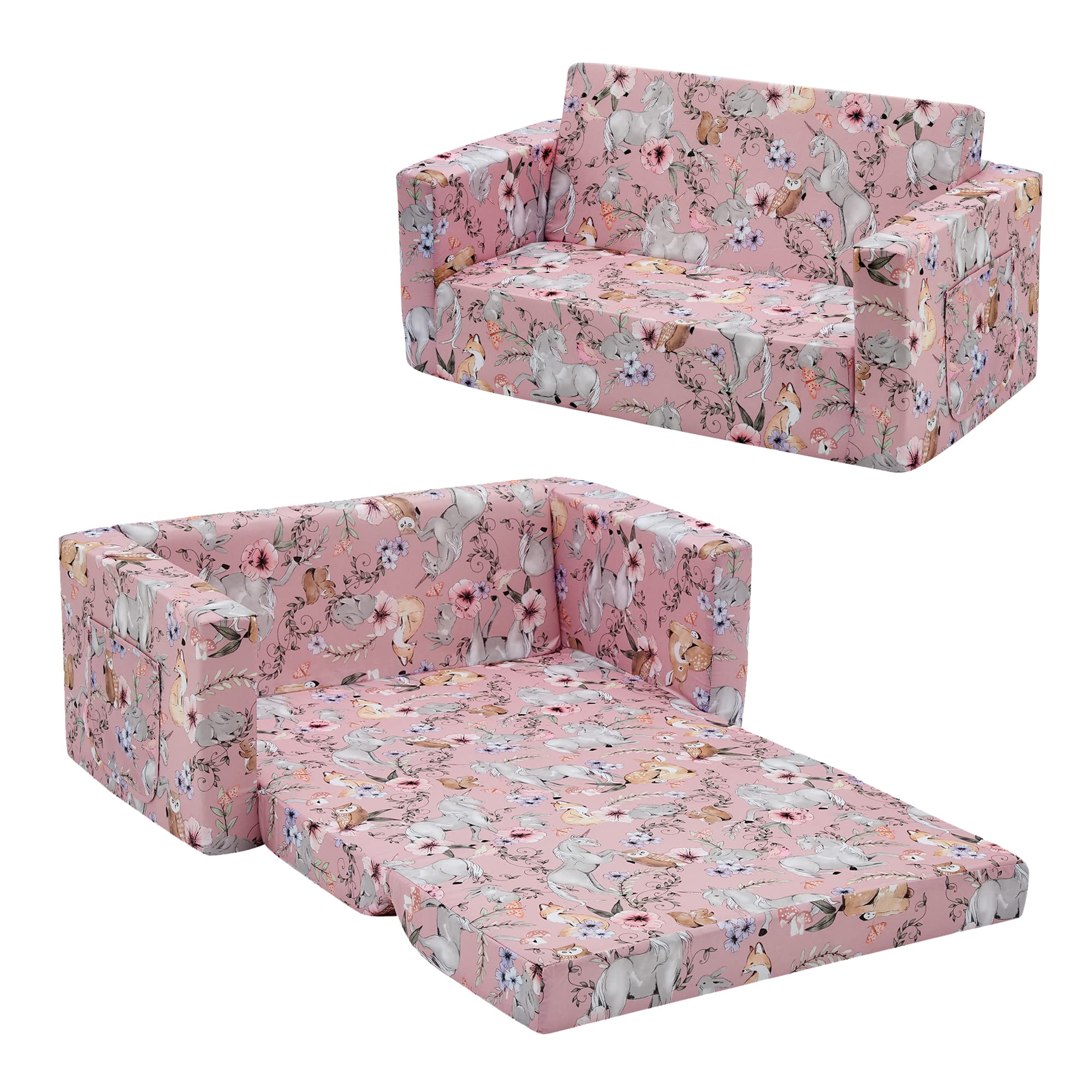 Ulax furniture Kids Convertible Sofas Children Flip-Out Sofa - 2-in-1 to Lounge Chair (Pink Unicorn)