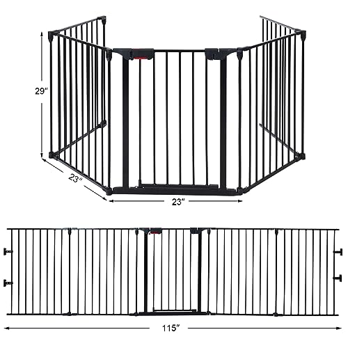 Costzon Baby Safety Gate, 121 Inch Length 5 Panel Adjustable Wide Fireplace Fence, BBQ Metal Fire Screen Gate, Pet Isolation Fence with Walk-Through Door, Freestanding Pets Gate (Black, 5-Panel)