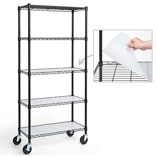 Fencer Wire NSF Commercial Heavy Duty Wire Shelving w/Wheels, Leveling Feet & Liners, Kitchen Storage Shelf, Garage Shelving Storage, Utility Wire Rack Storage Shelves, w/Liner, 30 x 14 x 64 5-Tier