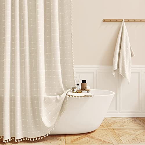 BTTN Boho Farmhouse Shower Curtain - Linen Rustic Heavy Duty Fabric Shower Curtain Set with Tassel, Water Repellent, Modern Bohemian French Country Thick Bathroom Shower Curtains - Cream/Beige, 72x72