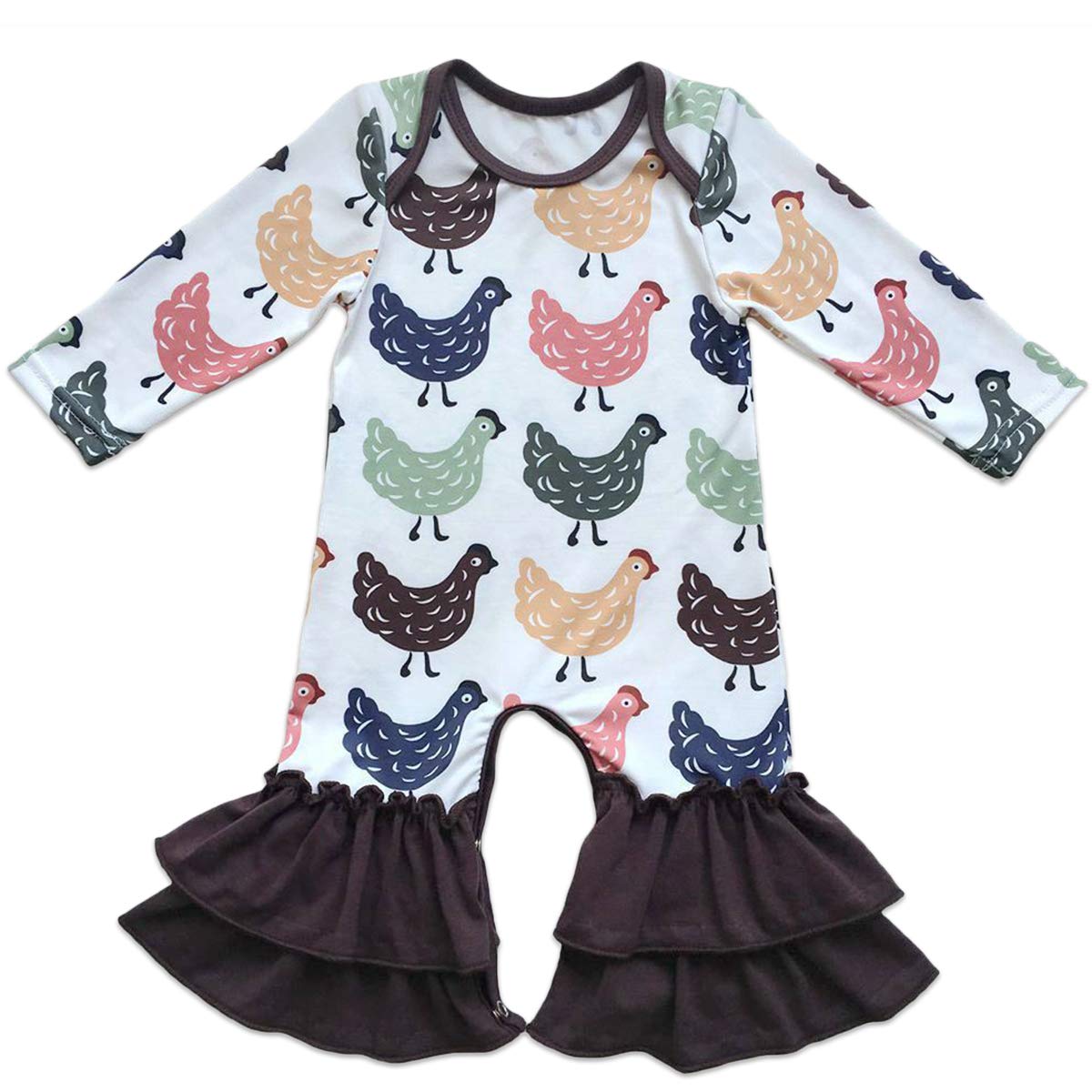 IBTOM CASTLE Baby Girls Icing Ruffle Jumpsuit Leggings Cotton Long Sleeve Floral Ruffles Christmas Romper for Kids Pajamas Birthday Outfit White+Brown+Chicken 3-6 Months
