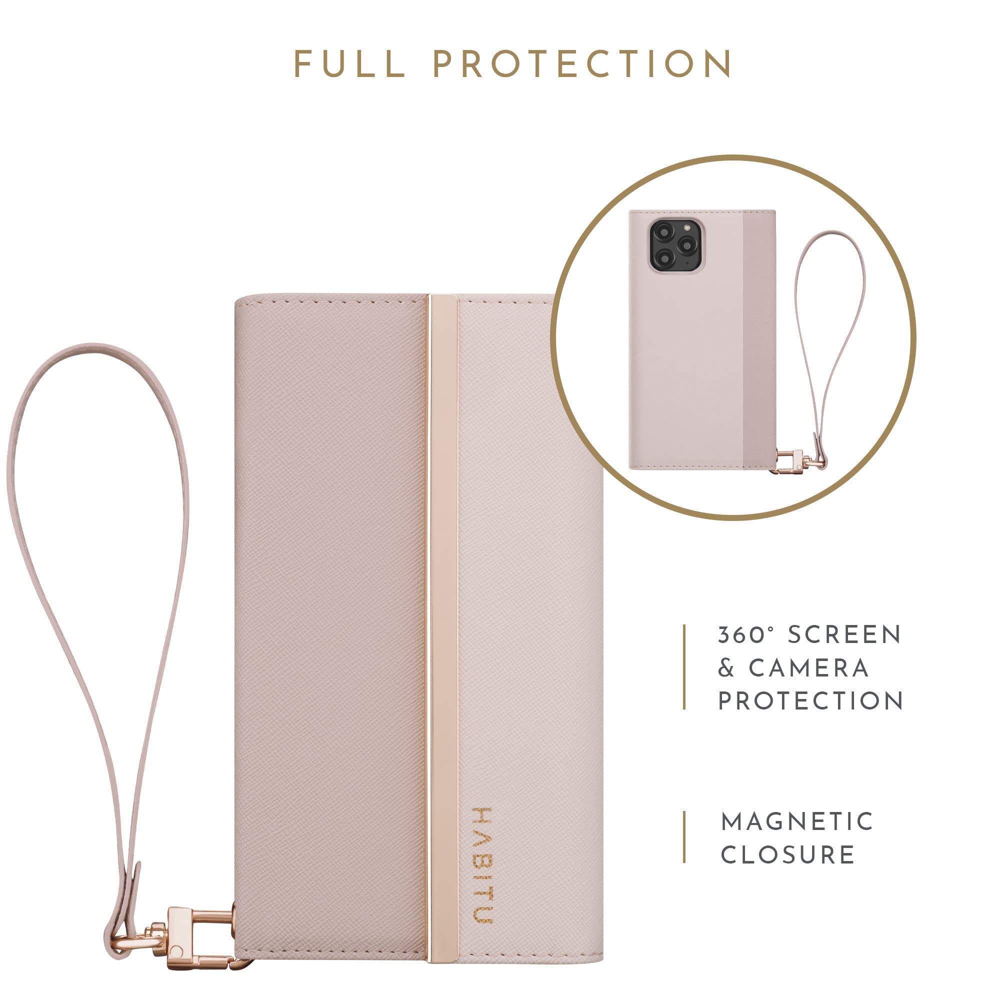 HABITU [Folio Collection 2022] Eris Tri-Fold Pink Wallet Case for iPhone 12/12 Pro, Detachable Vegan Leather Magnetic Folio with Card Pockets, Mirror & Strap for Women, Pink Eris