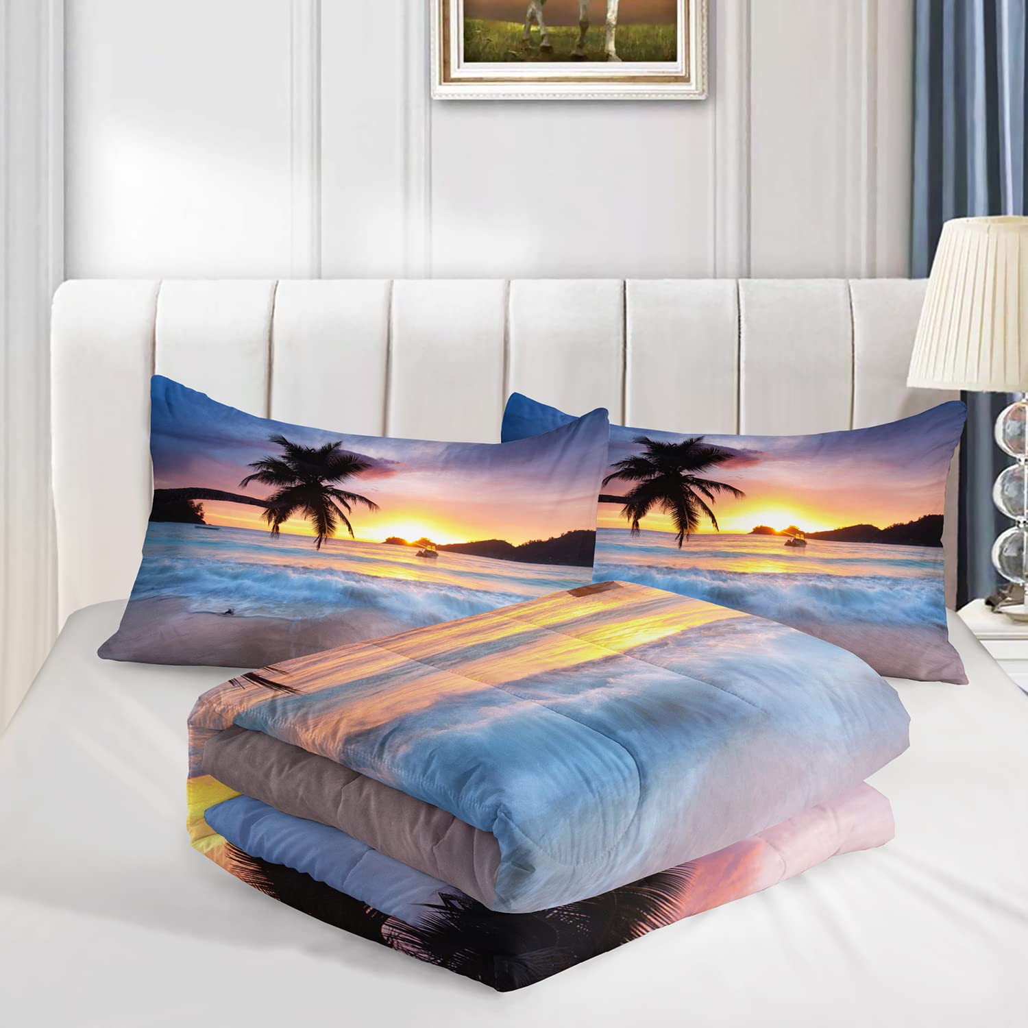 AILONEN Beach Comforter Set for Kids Boys Girls, Ocean Theme Bedding Set Full Size,Beach Pattern Quilted Duvet,Ultra Soft Coastal Beach Quilt,1 Comforter 2 Pillowcases 3 Piece